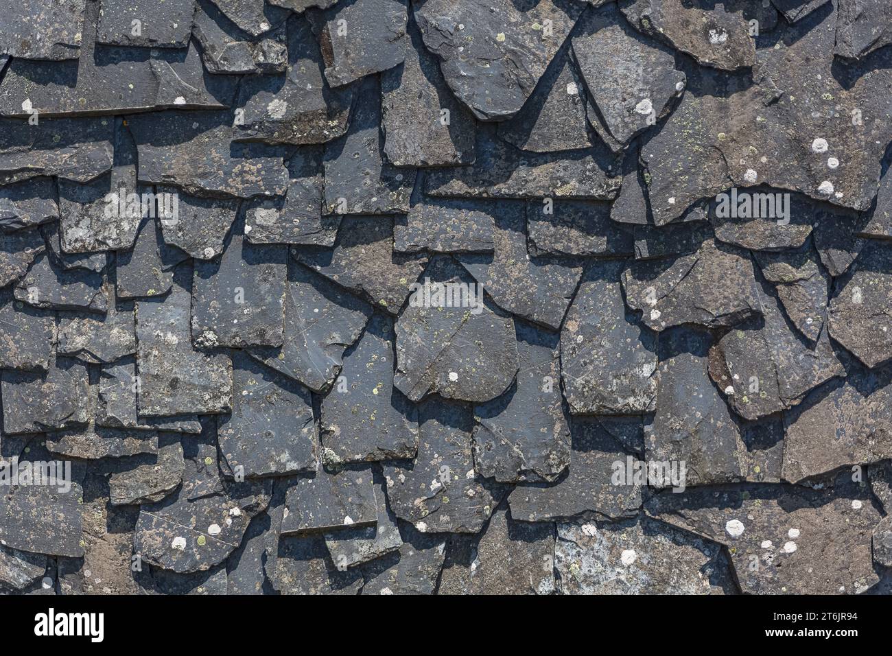 Detailed view of wall texture randomly lined with slate panels, typical ...