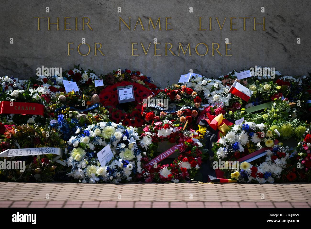 Canberra, Australia. 11th Nov, 2023. Wreaths are seen at the stone of ...