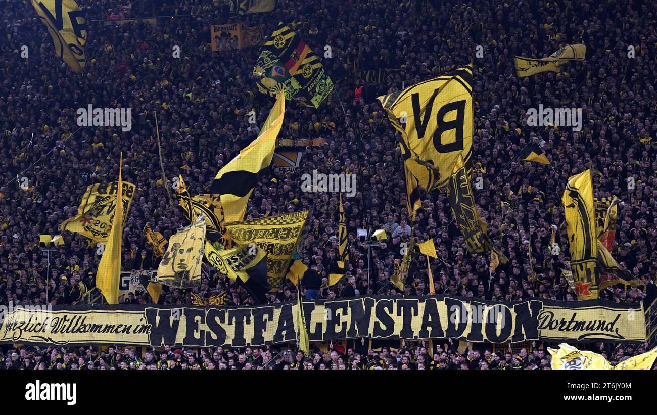 DORTMUND - Borussia Dortmund supporters Gelbe Wand Westfalen Stadium ...
