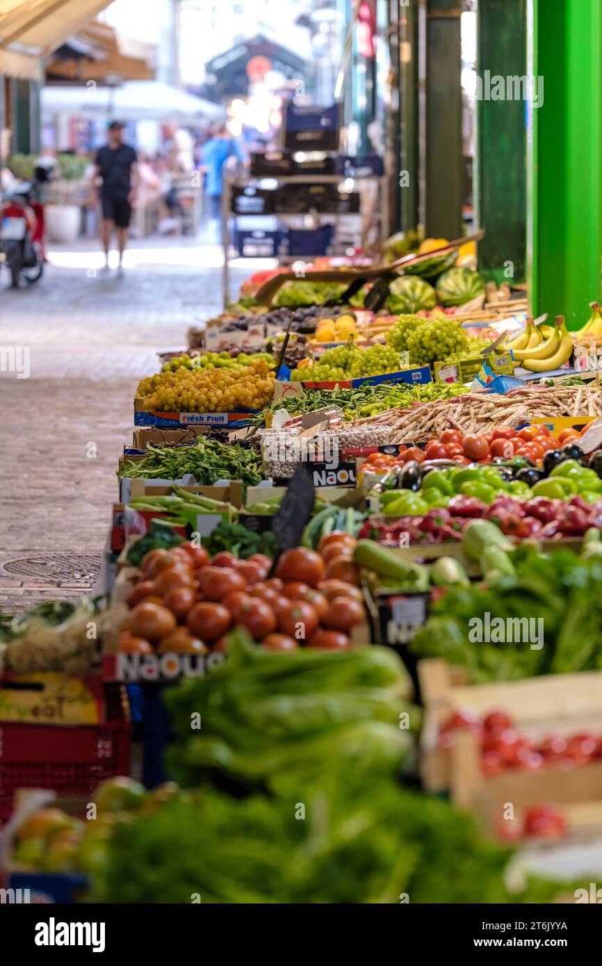 View of a fruits and vegetables stand at the outdoor market Kapani in ...