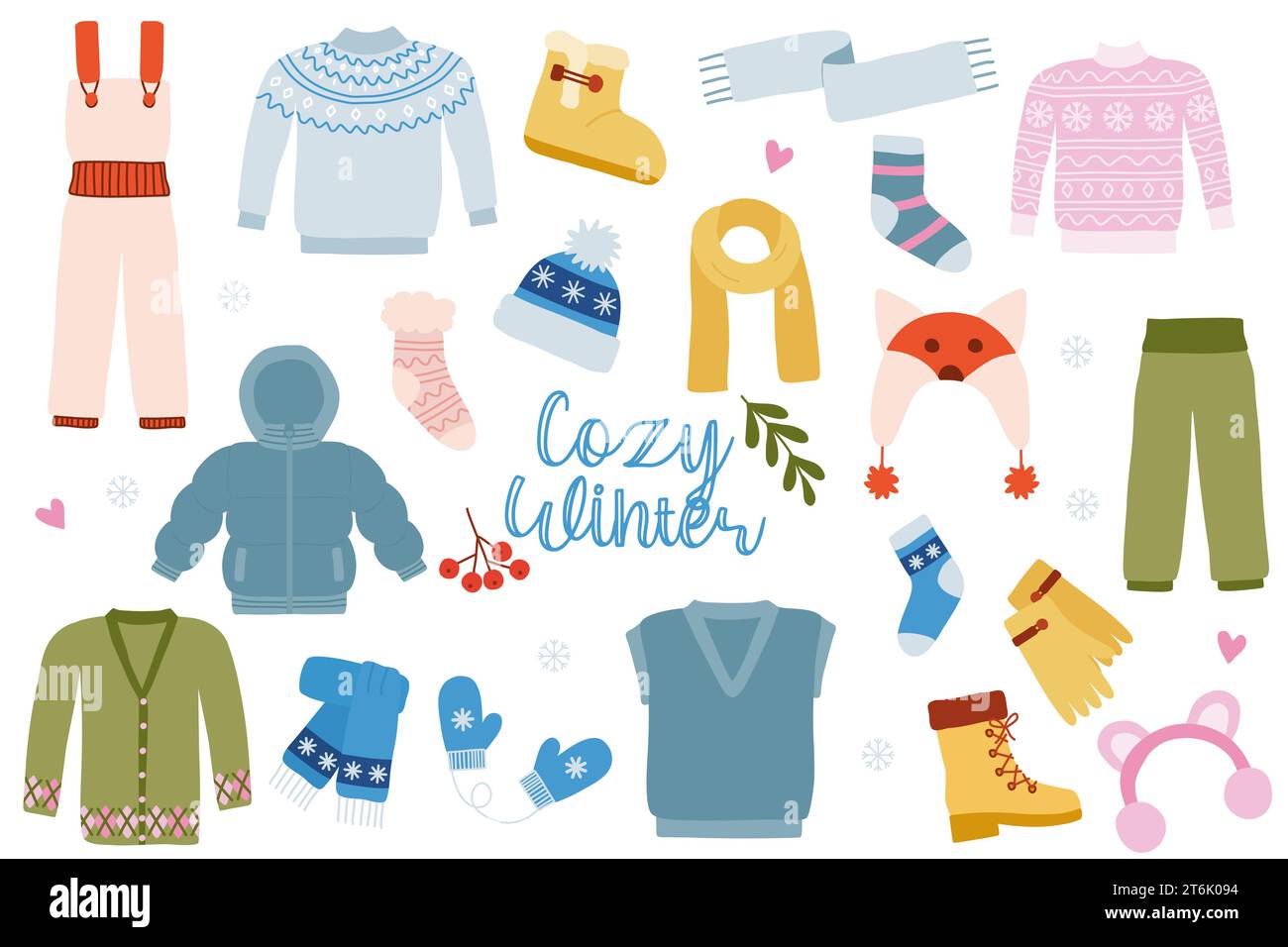Set of cozy warm winter clothes and accessories, stay warm concept ...
