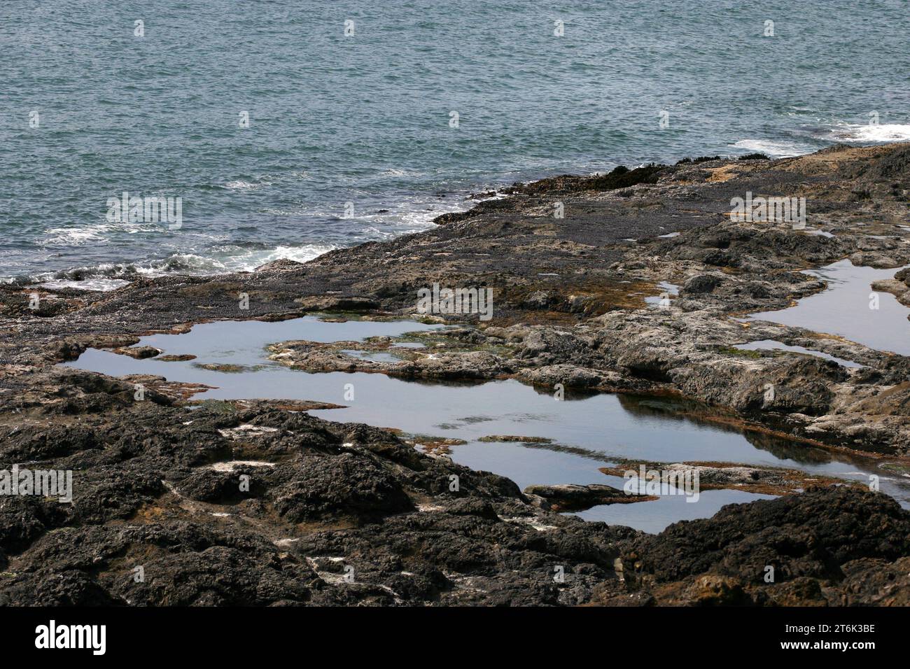 Volcanic rocky tide Pools by a choppy blue-green sea Stock Photo - Alamy