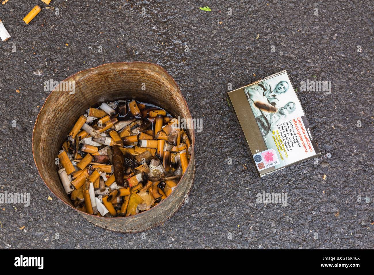 Discarded wet cigarette pack and butts in metal can ashtray, Quebec ...