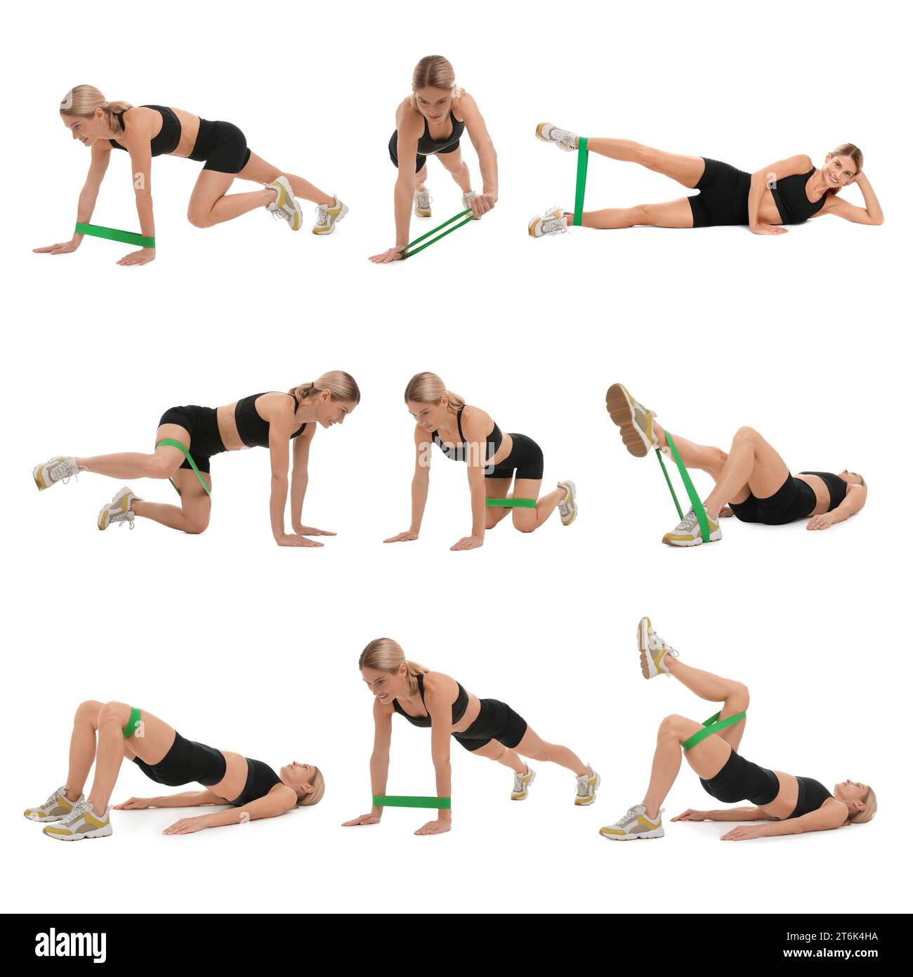 Athletic woman doing different exercises with elastic resistance band ...