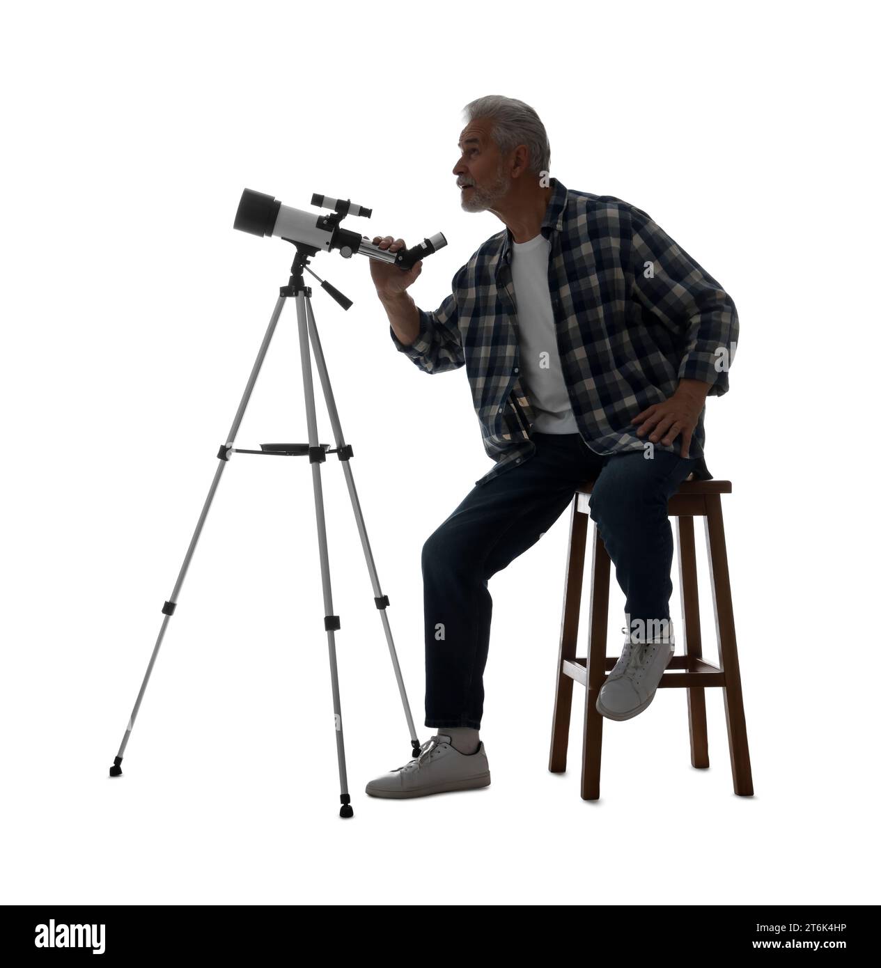 Senior astronomer with telescope on white background Stock Photo - Alamy