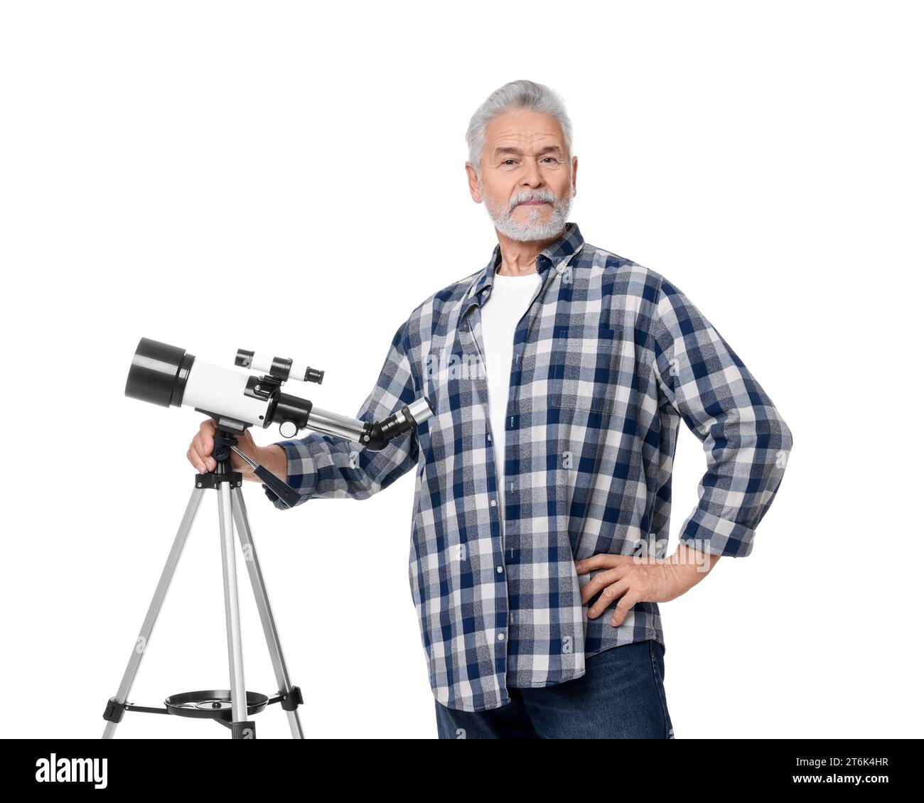 Senior astronomer with telescope on white background Stock Photo - Alamy