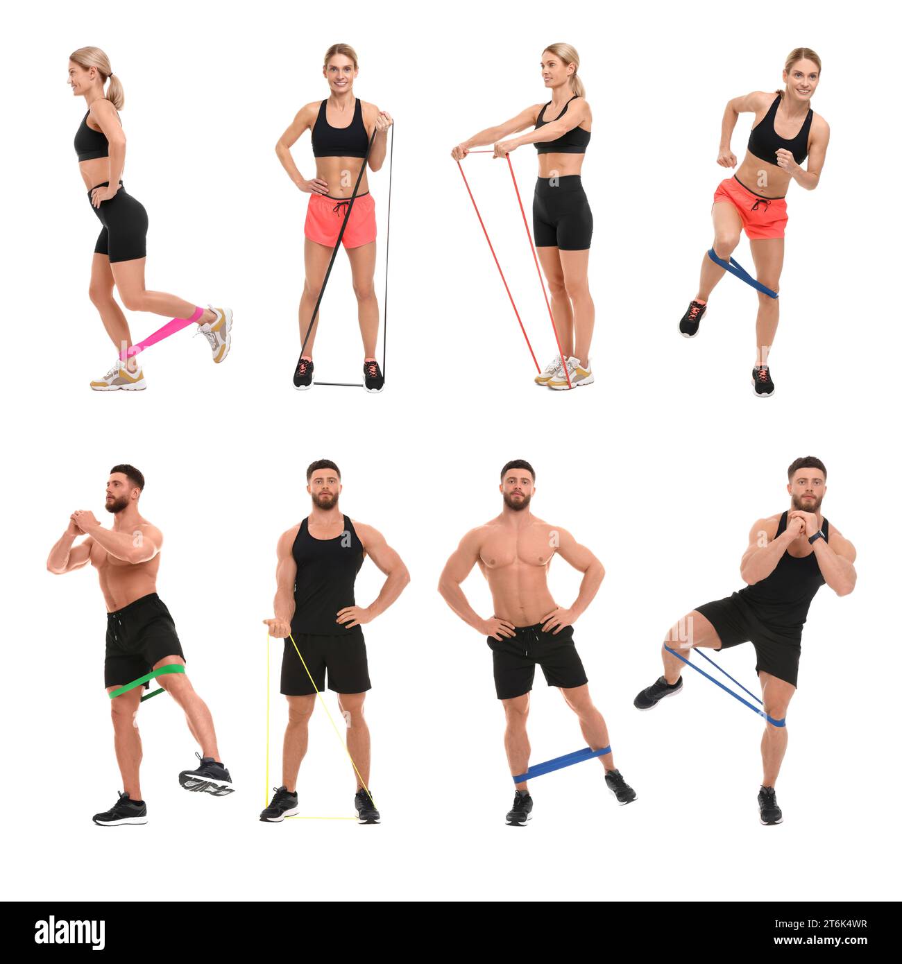 Man and woman doing different exercises with elastic resistance band on ...