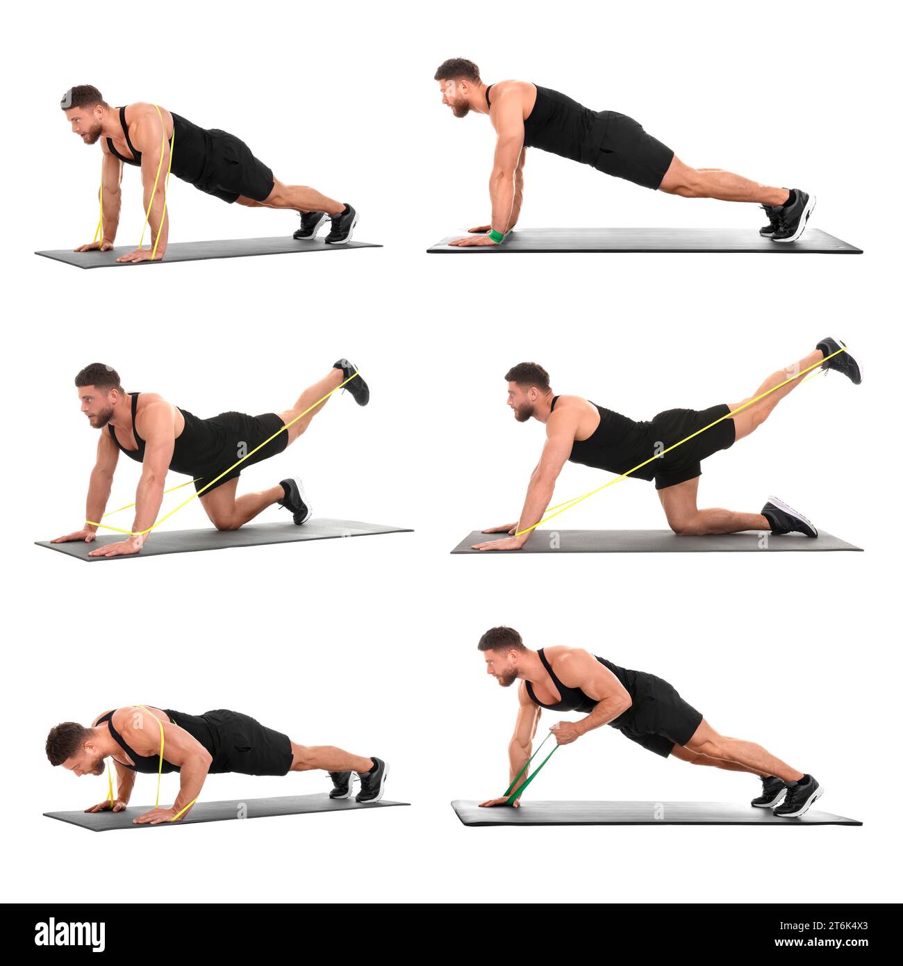 Athletic man doing different exercises with elastic resistance band on ...