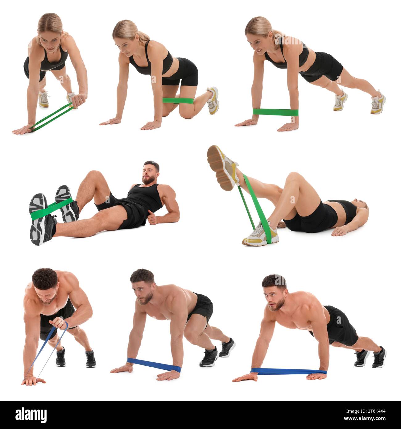 Man and woman doing different exercises with elastic resistance band on ...