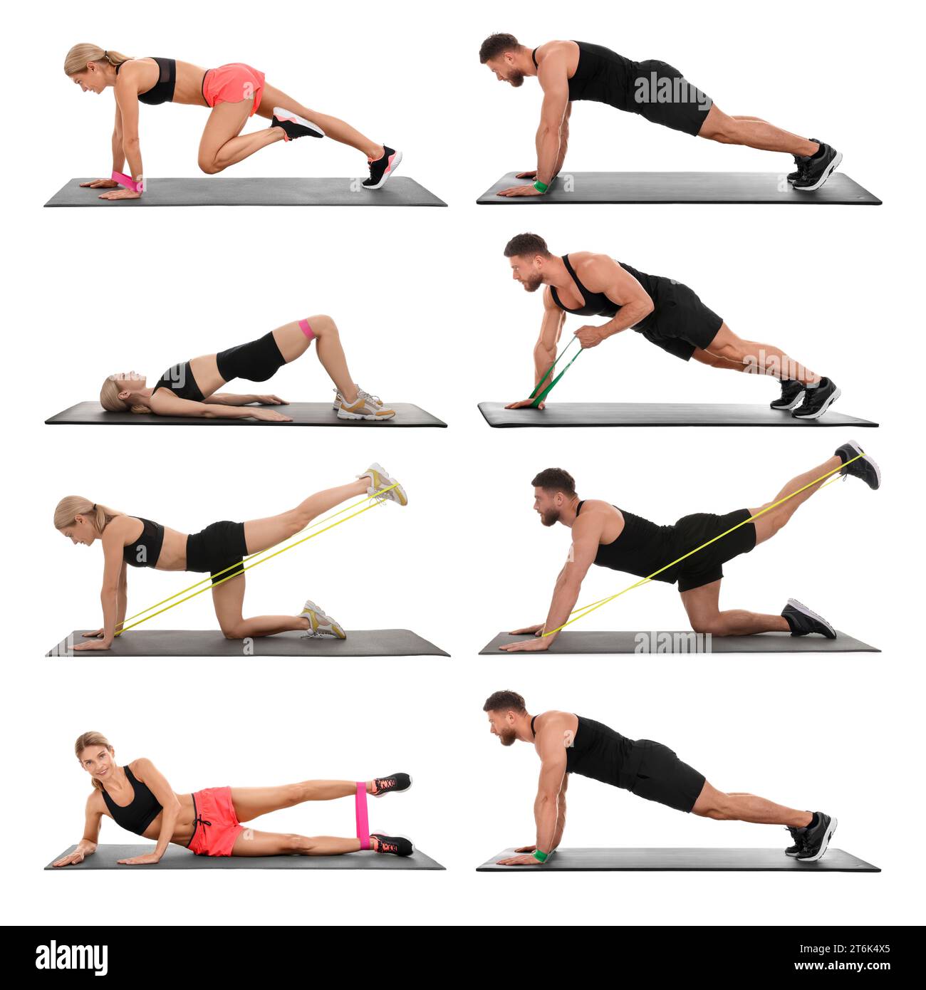 Man and woman doing different exercises with elastic resistance band on ...