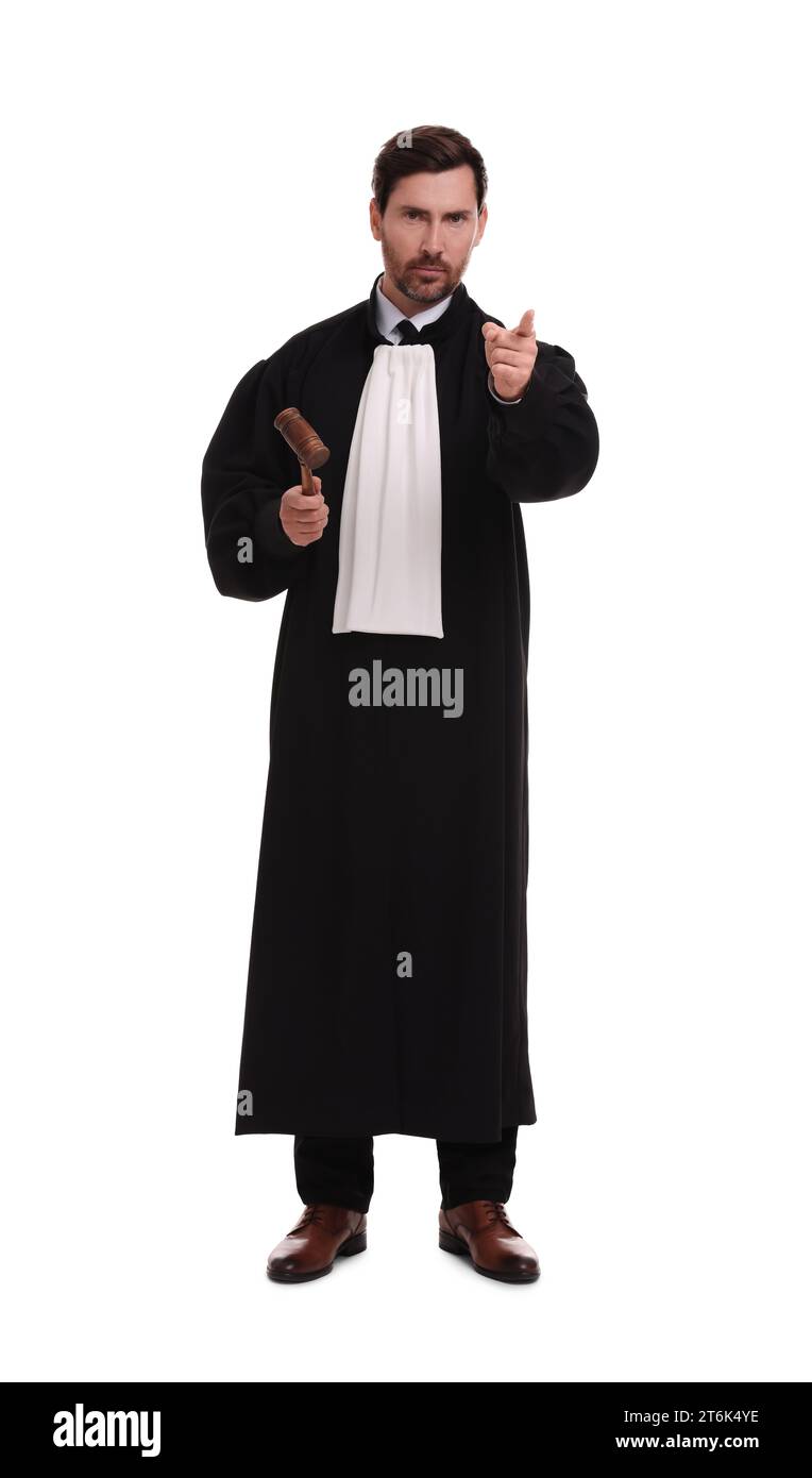Judge in court dress with gavel on white background Stock Photo - Alamy