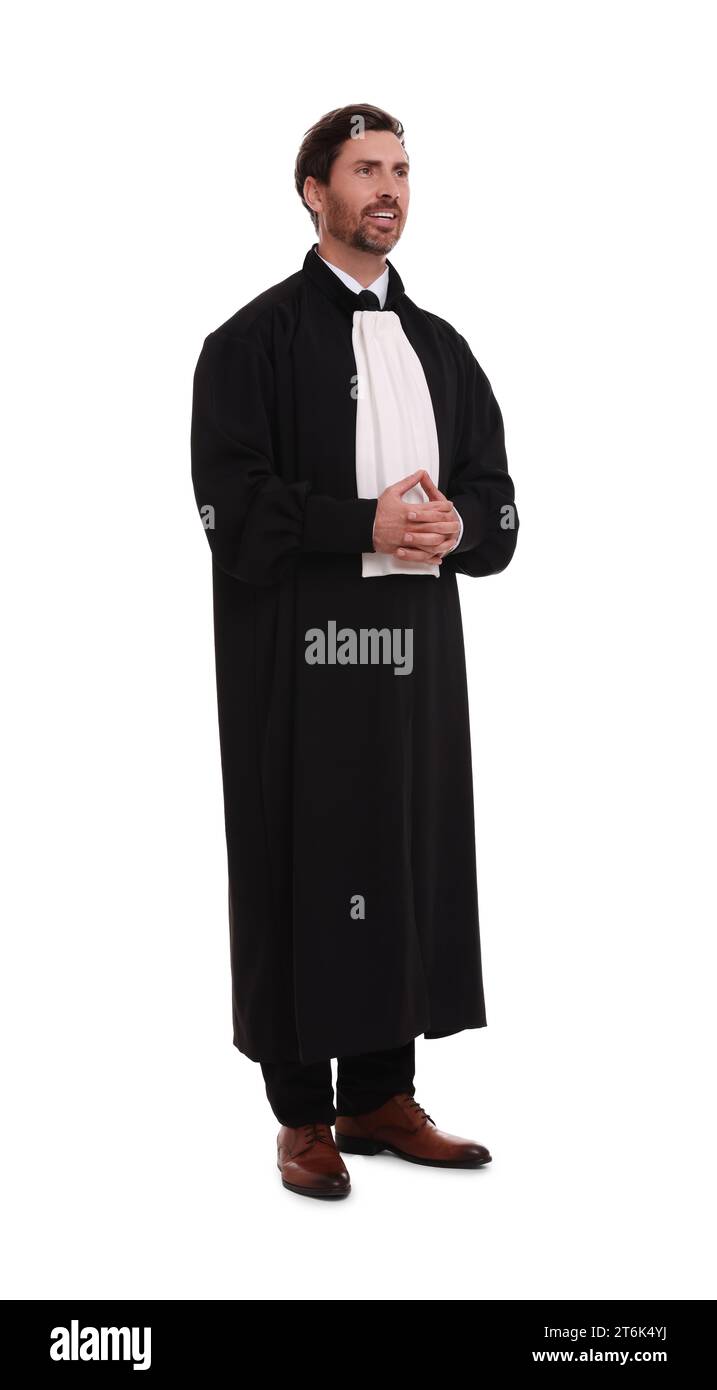 Smiling judge in court dress on white background Stock Photo - Alamy