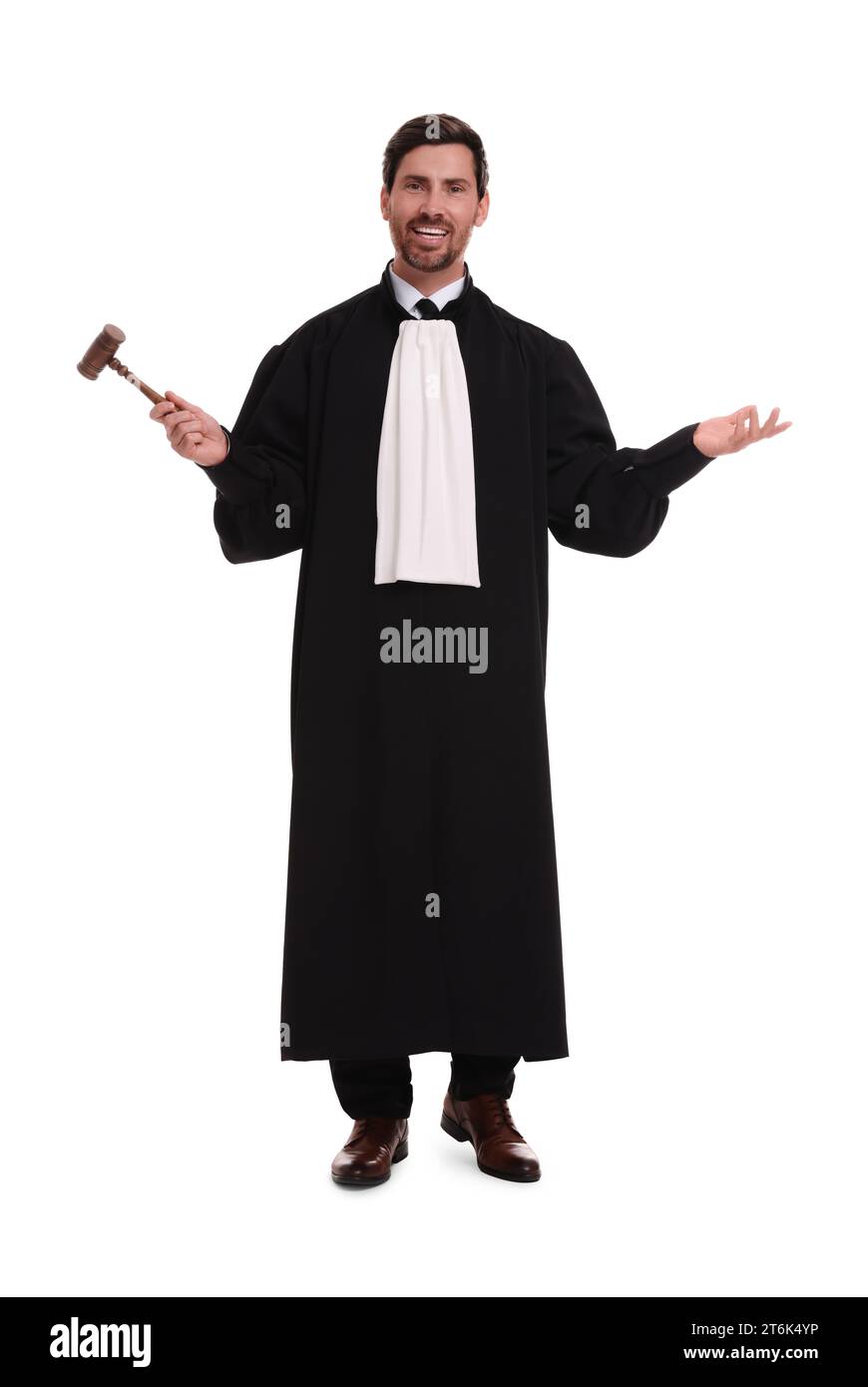 Smiling judge with gavel on white background Stock Photo - Alamy
