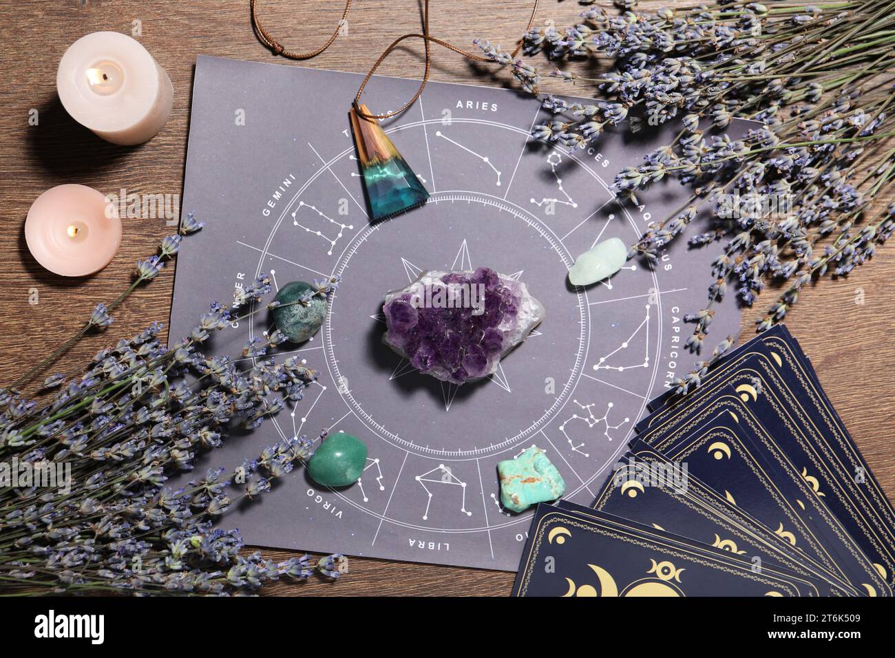 Astrology prediction. Zodiac wheel, gemstones, tarot cards and burning ...