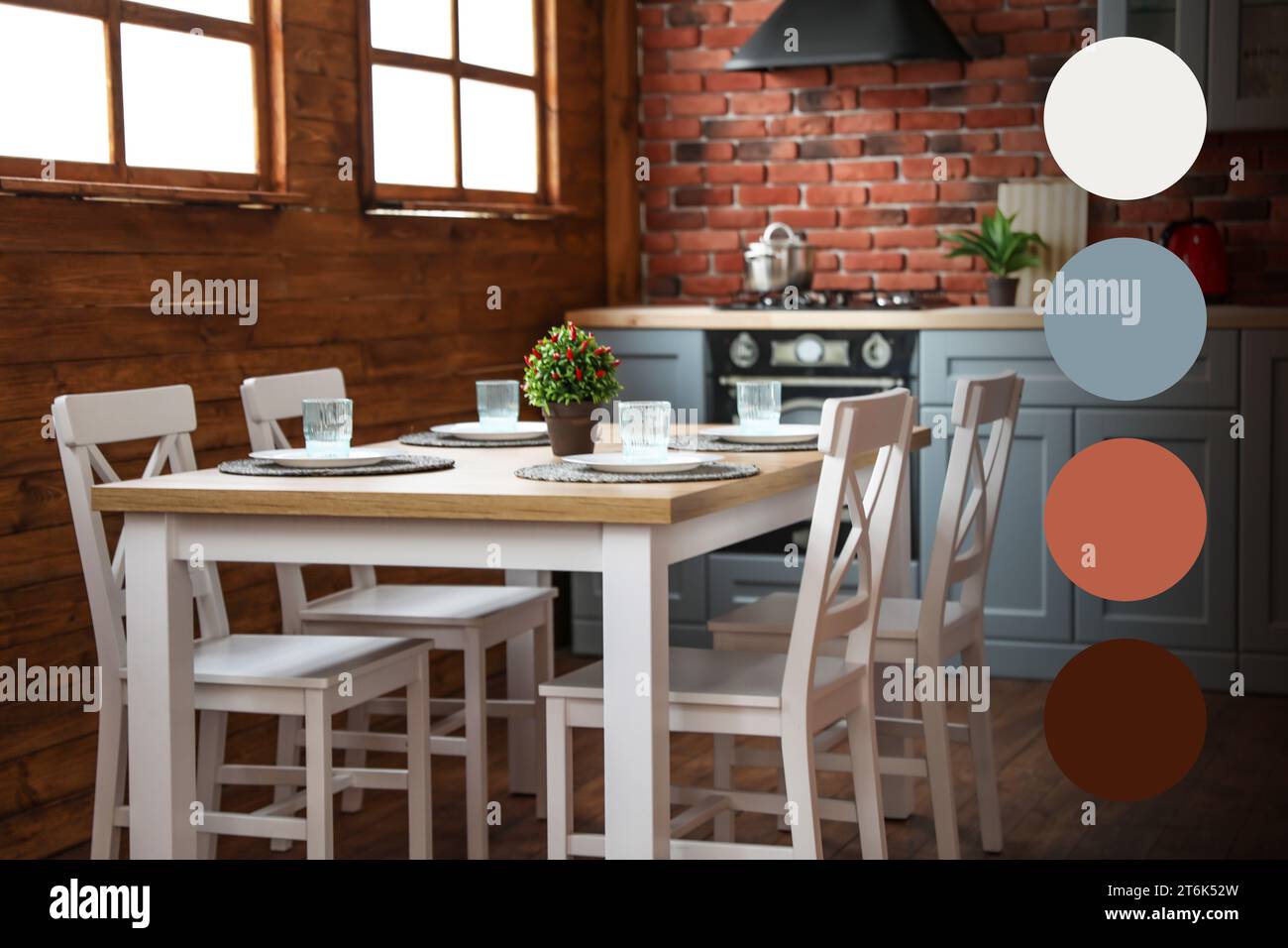 Spacious and cozy dining room with furniture. Color palette matching to ...