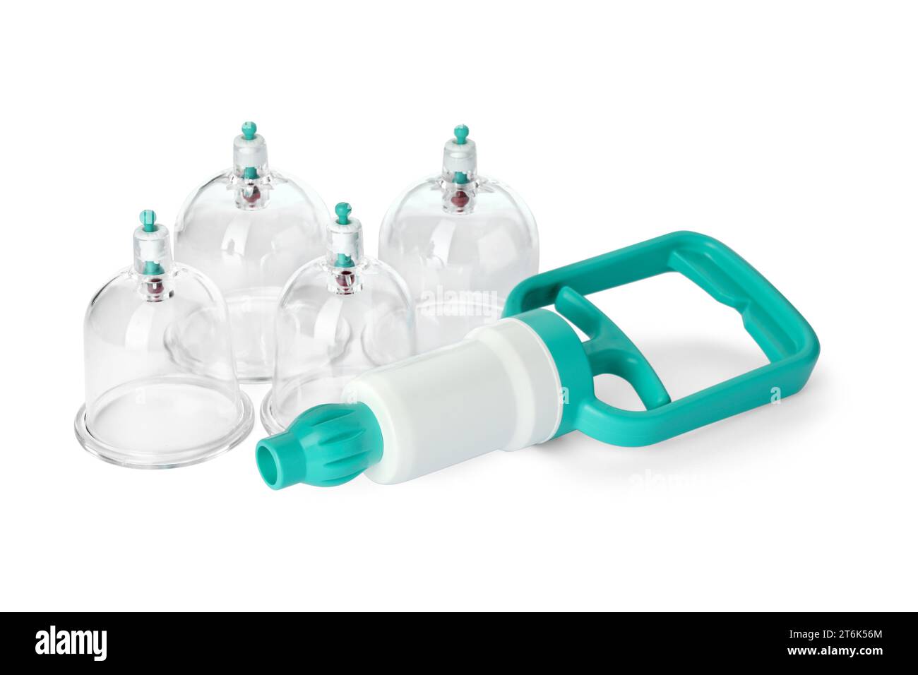 Plastic cups and hand pump isolated on white. Cupping therapy Stock ...