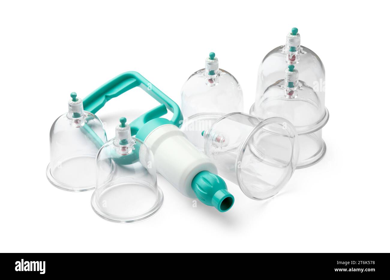 Plastic cups and hand pump isolated on white. Cupping therapy Stock ...
