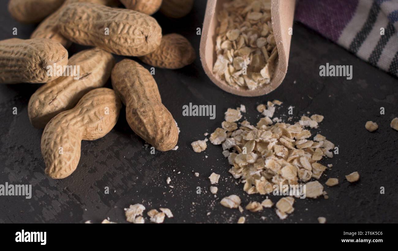 Homemade energy balls ingredients, peanuts and oat flakes Stock Photo ...