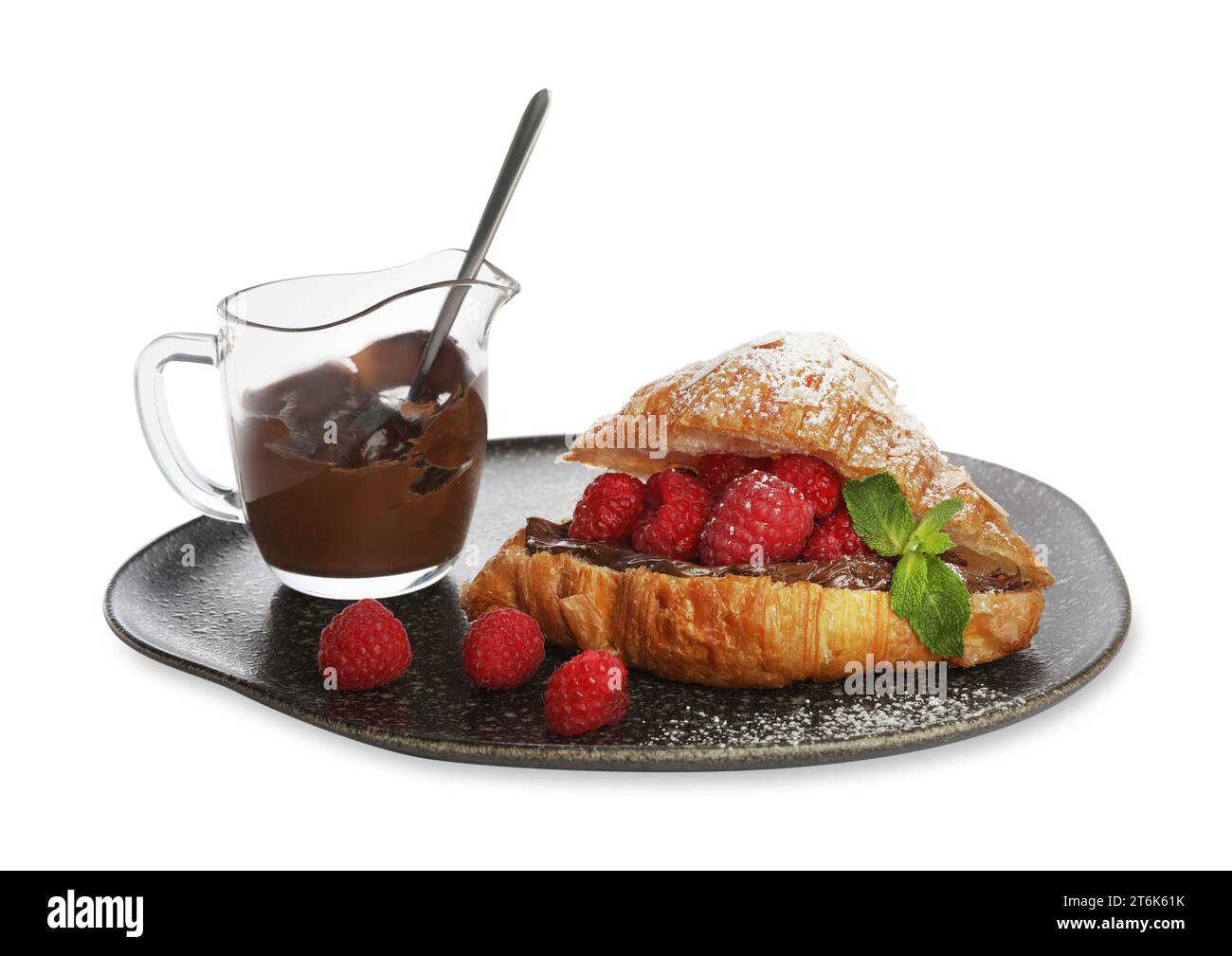 Delicious croissant with raspberries, chocolate and powdered sugar ...