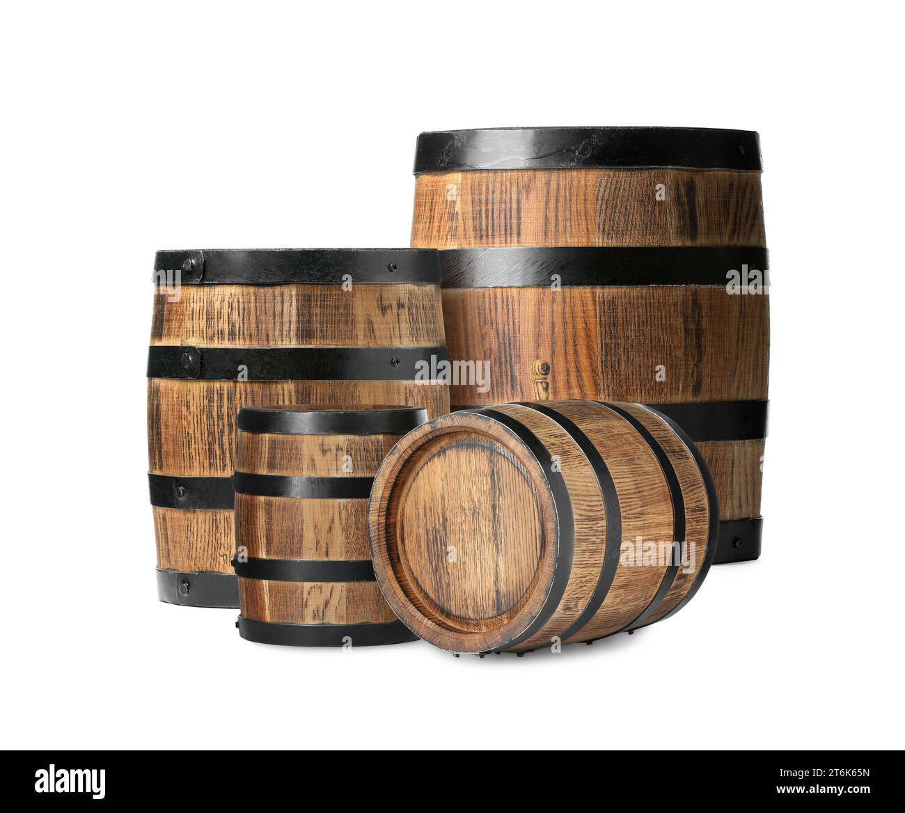 Set of many wooden barrels on white background Stock Photo - Alamy