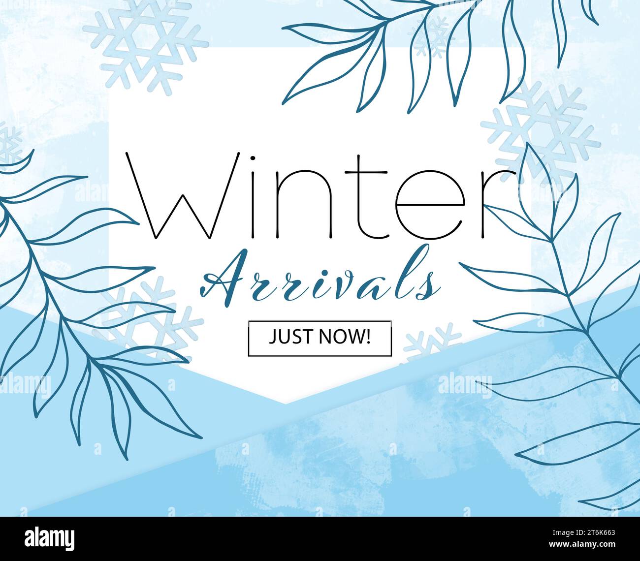 Winter arrivals flyer design with snowflakes, leaves and text on light ...