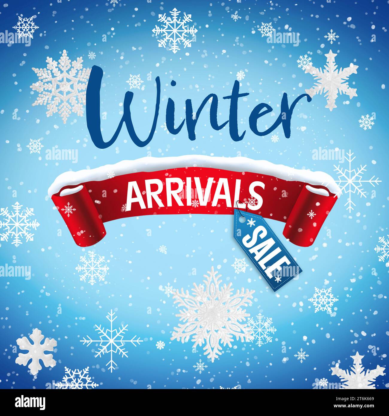 Winter arrivals flyer design with decorative snowflakes and text on ...