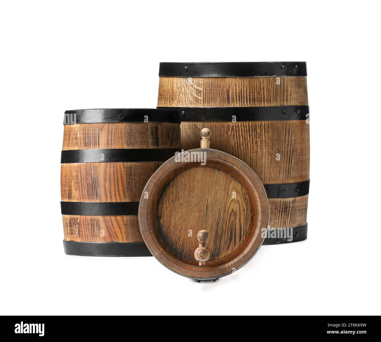 Set of many wooden barrels on white background Stock Photo - Alamy