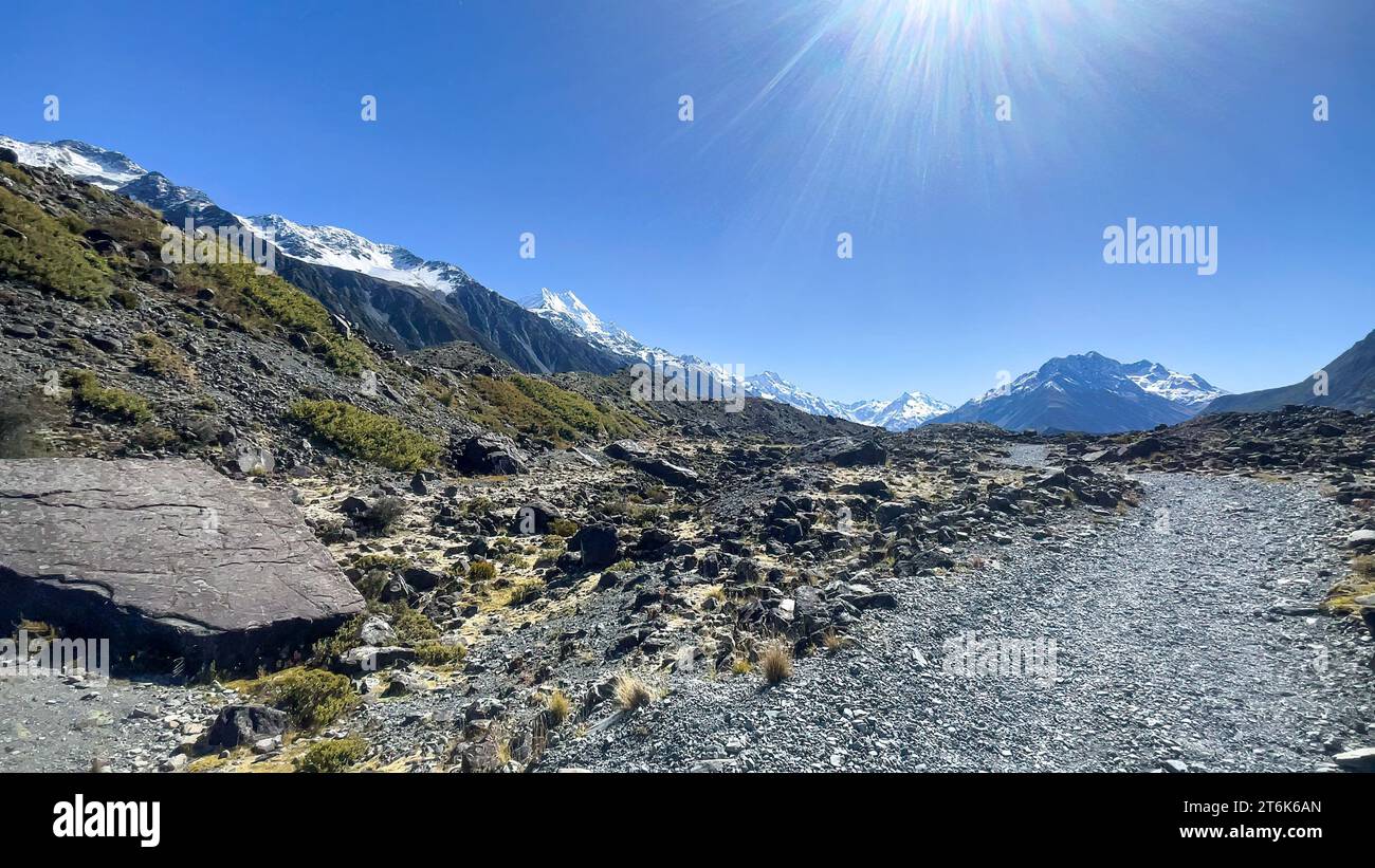 The extreme rocky alpine terrain of the path through the Tasman Valley ...