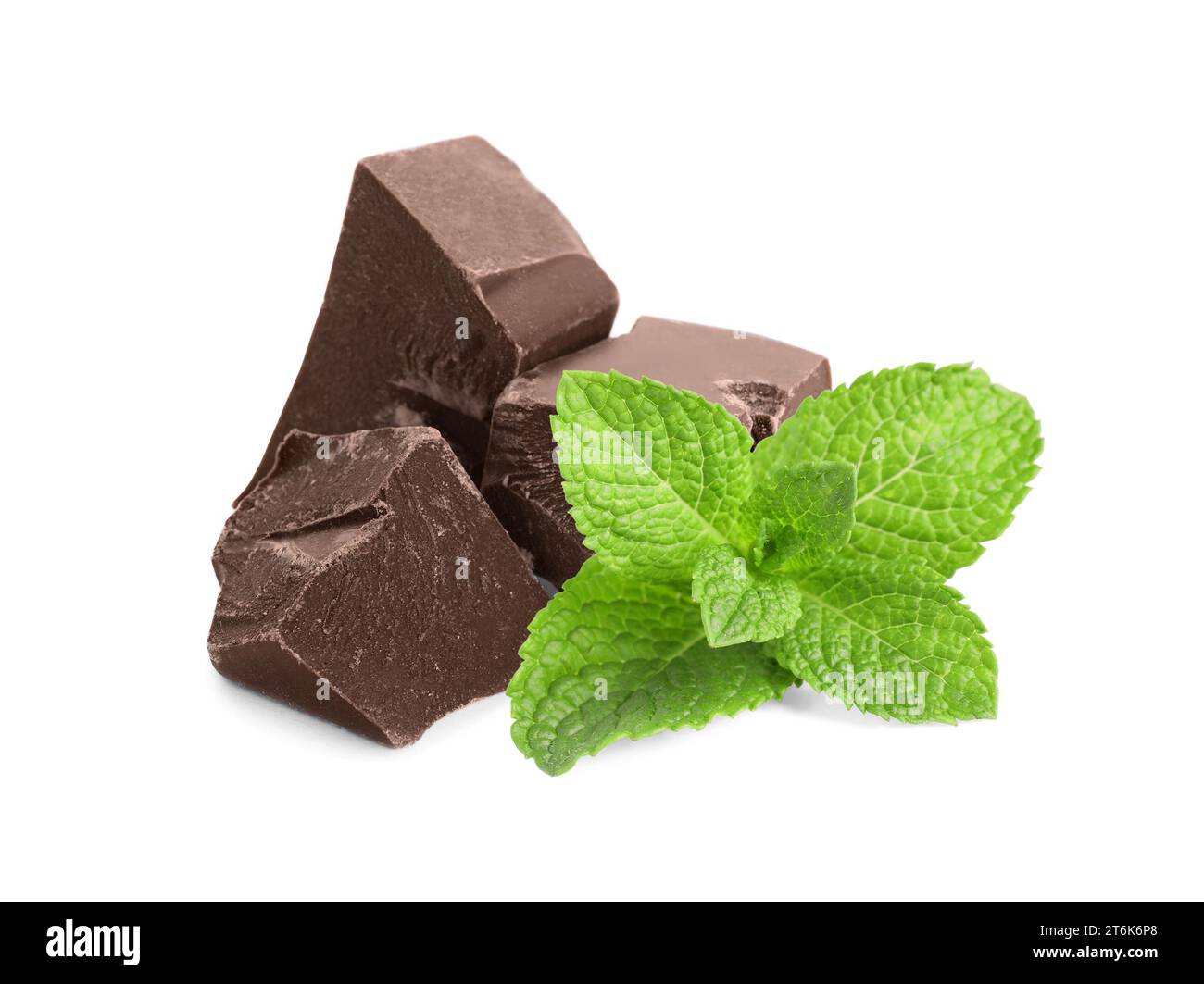 Milk chocolate chunks and mint leaves isolated on white Stock Photo - Alamy