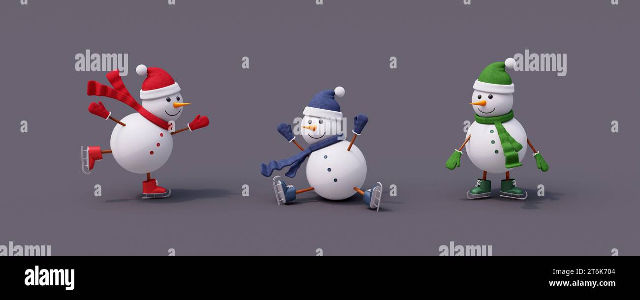 Three snowman's are playing on grey background. Winter Holidays cute ...