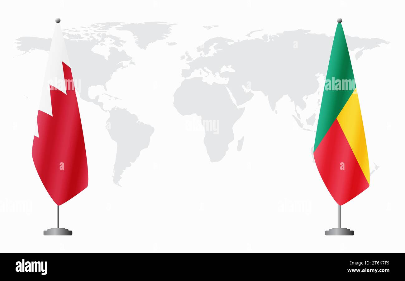 Bahrain and Benin flags for official meeting against background of ...