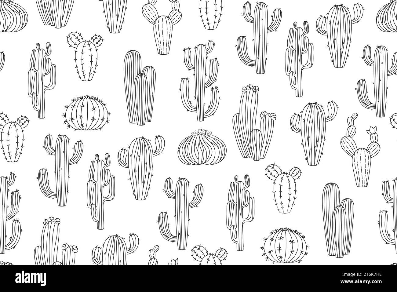Cactus doodle seamless pattern. Trendy outline contour succulent plants ...