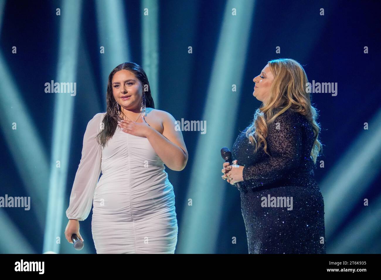 Stockholm, NEP Studios, Sweden. 10th Nov 2023. Idol Fridays Final 6. Louisa Hoxha, Sarah Dawn ...