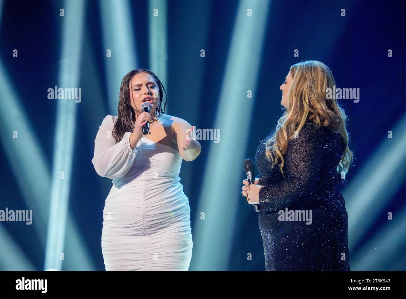 Stockholm, NEP Studios, Sweden. 10th Nov 2023. Idol Fridays Final 6. Louisa Hoxha, Sarah Dawn ...