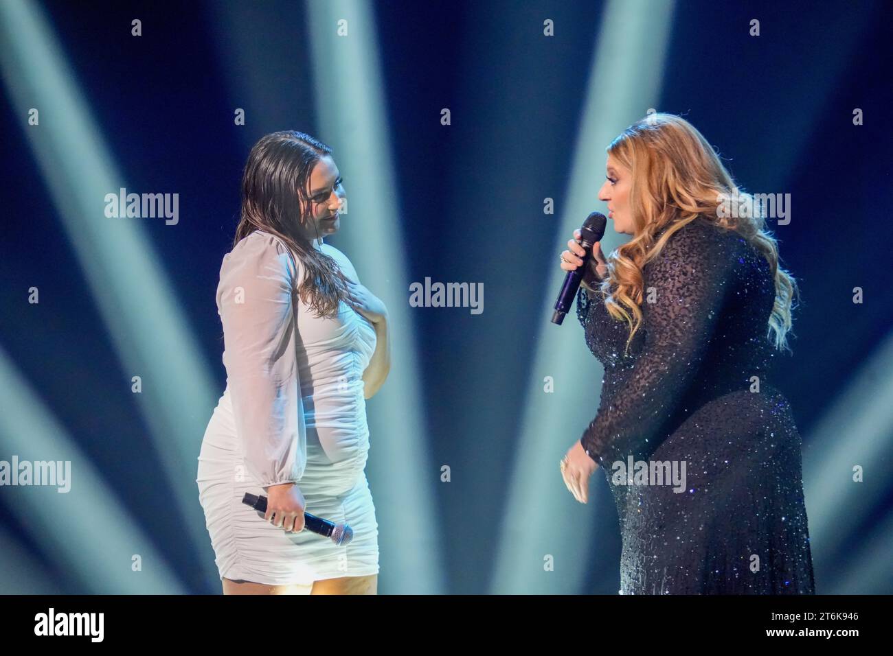 Stockholm, NEP Studios, Sweden. 10th Nov 2023. Idol Fridays Final 6. Louisa Hoxha, Sarah Dawn ...