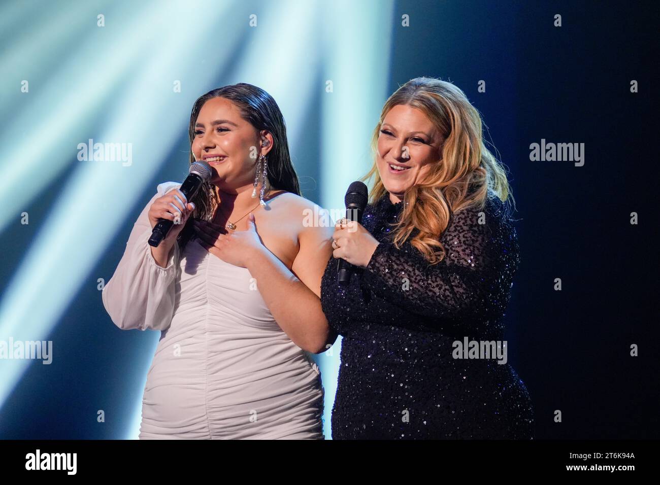 Stockholm, NEP Studios, Sweden. 10th Nov 2023. Idol Fridays Final 6. Louisa Hoxha, Sarah Dawn ...