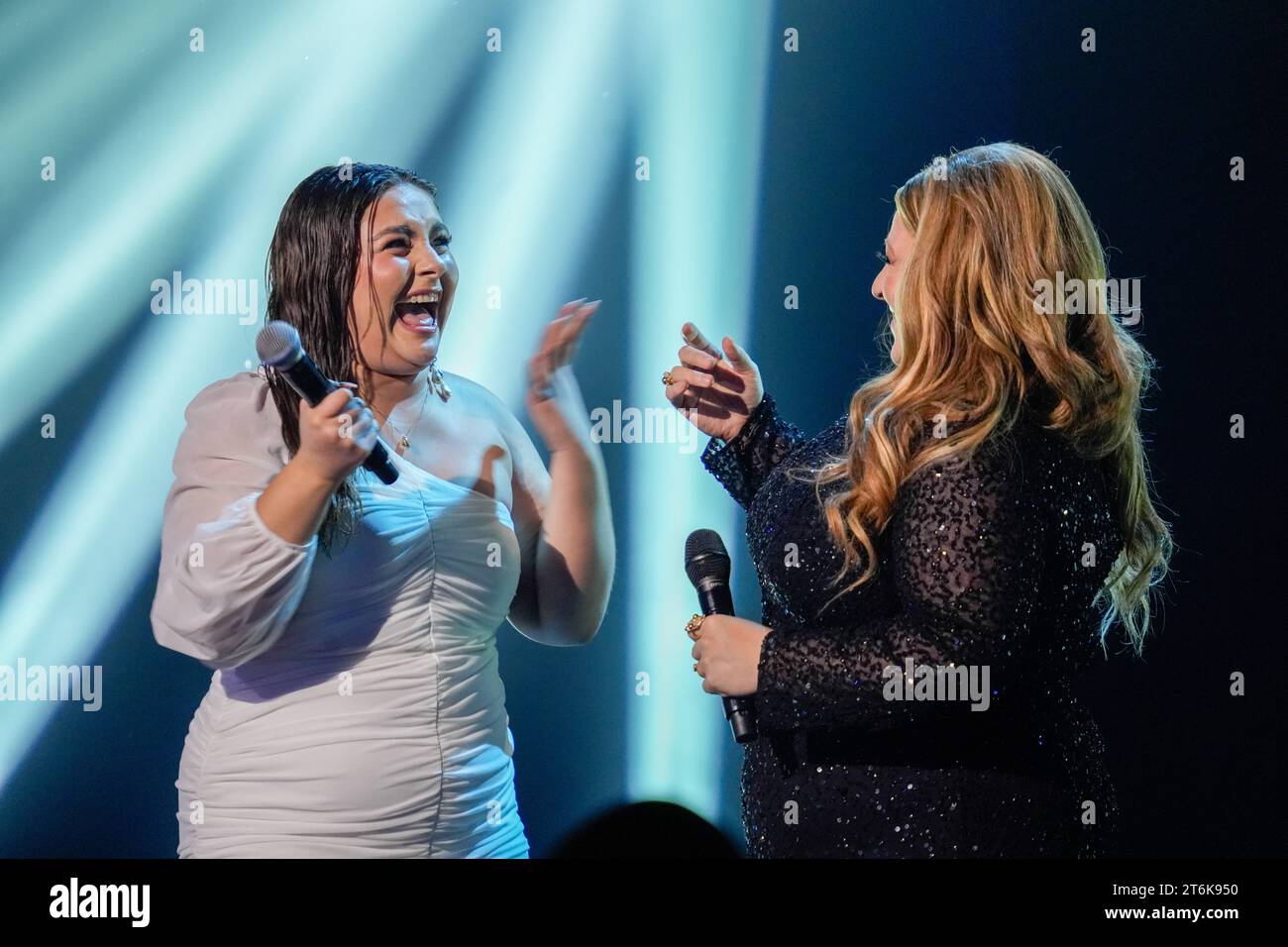 Stockholm, NEP Studios, Sweden. 10th Nov 2023. Idol Fridays Final 6. Louisa Hoxha, Sarah Dawn ...