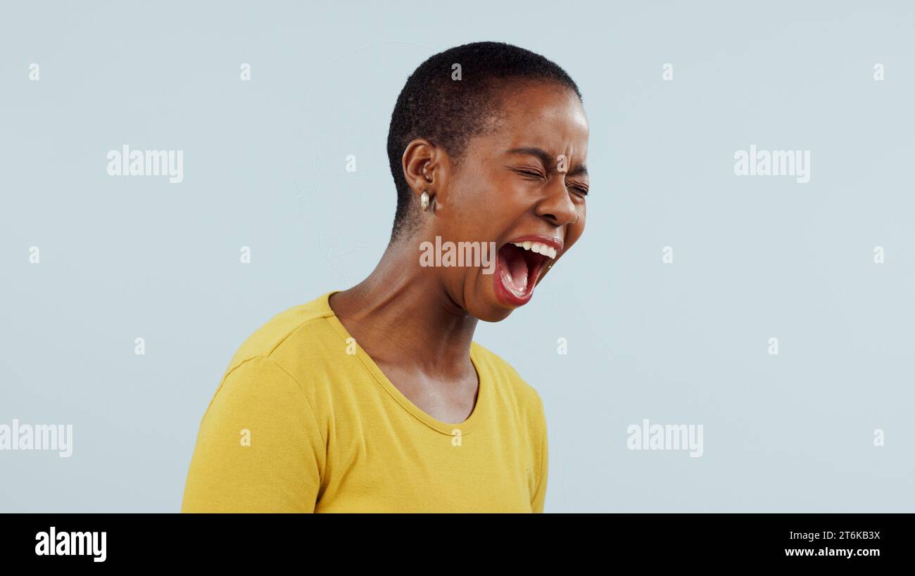 Stress, anxiety and angry black woman screaming in studio with broken ...