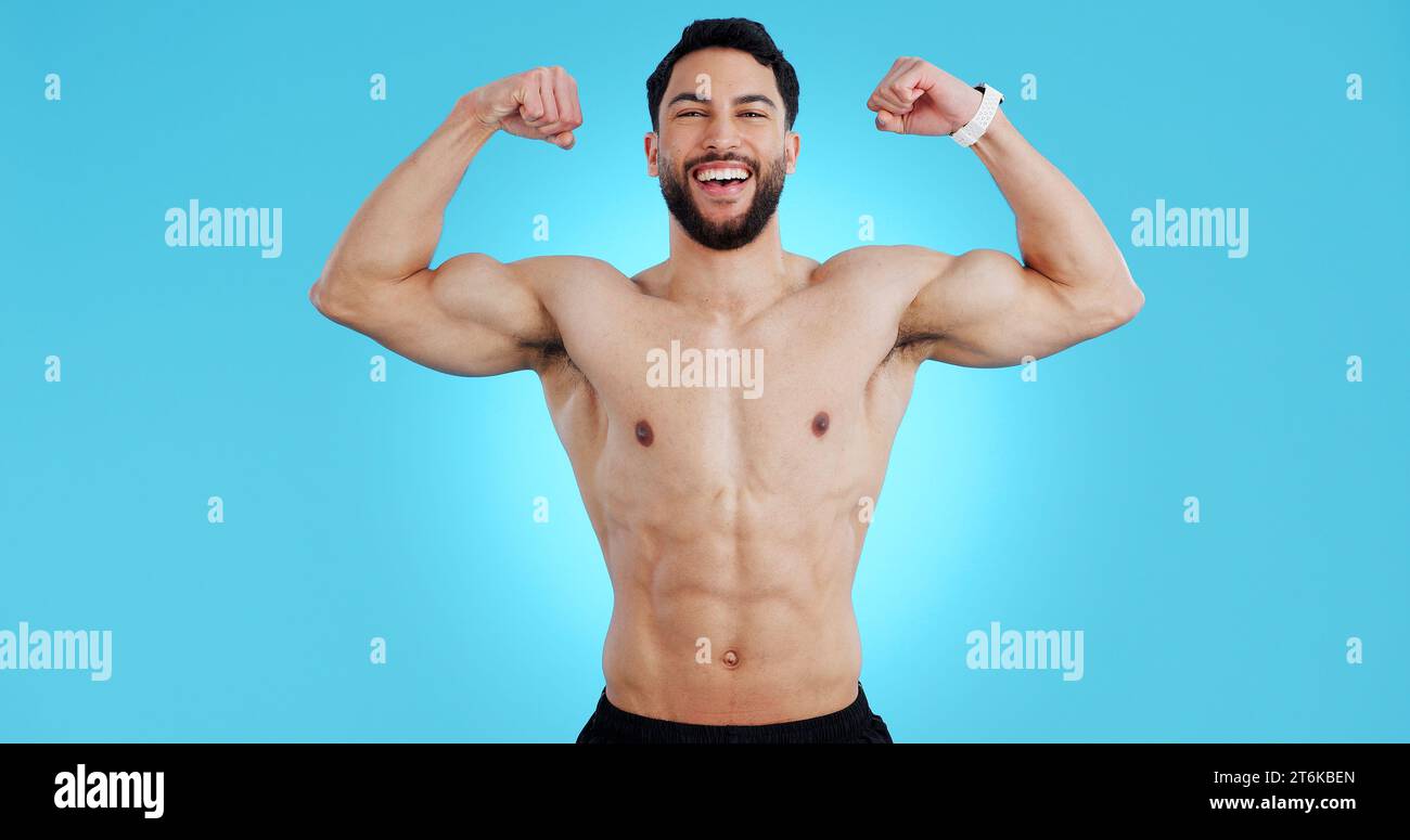 Happy man, portrait and muscle flex of bodybuilder in fitness isolated ...