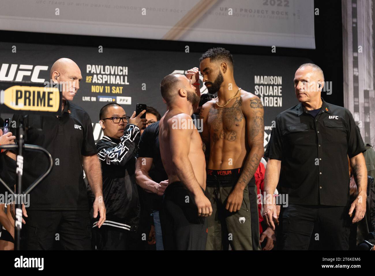 Mateusz Rebecki, Roosevelt Roberts during the UFC 295 ceremonial weigh ...