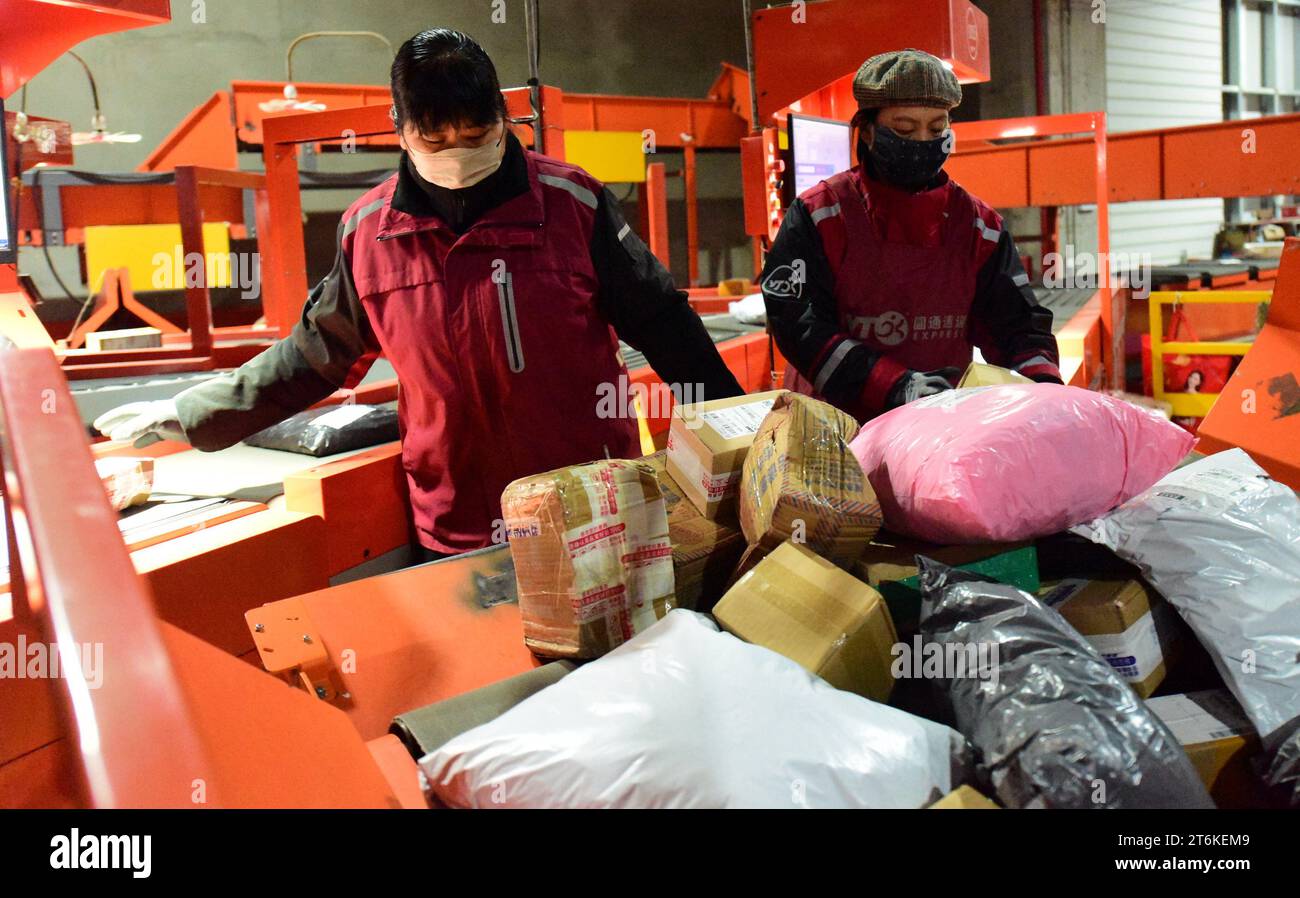 LIANYUNGANG, CHINA - NOVEMBER 11, 2023 - Workers sort parcels on an ...