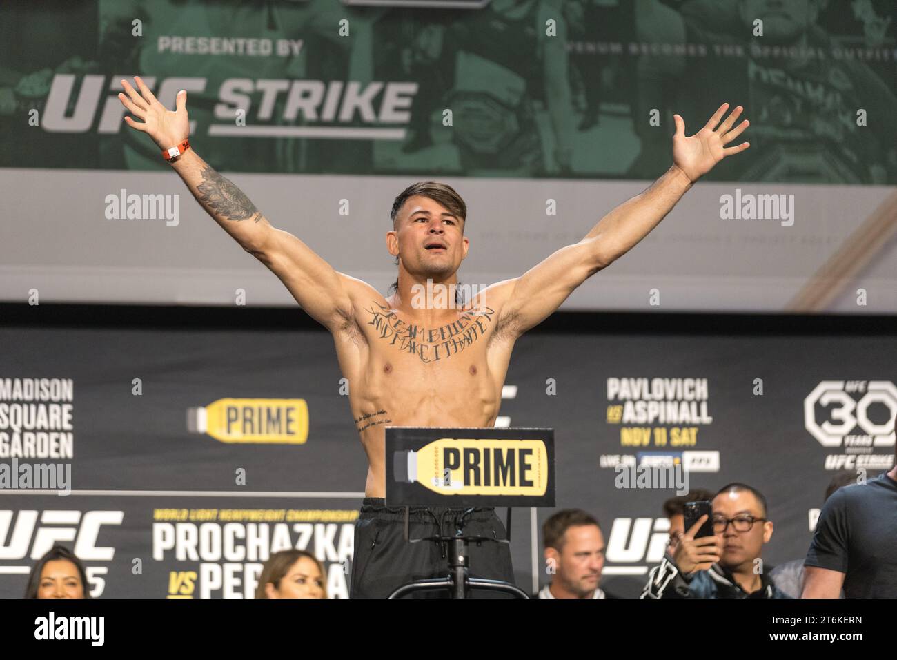 Diego Lopes and Pat Sabatiniduring the UFC 295 ceremonial weigh-in at ...