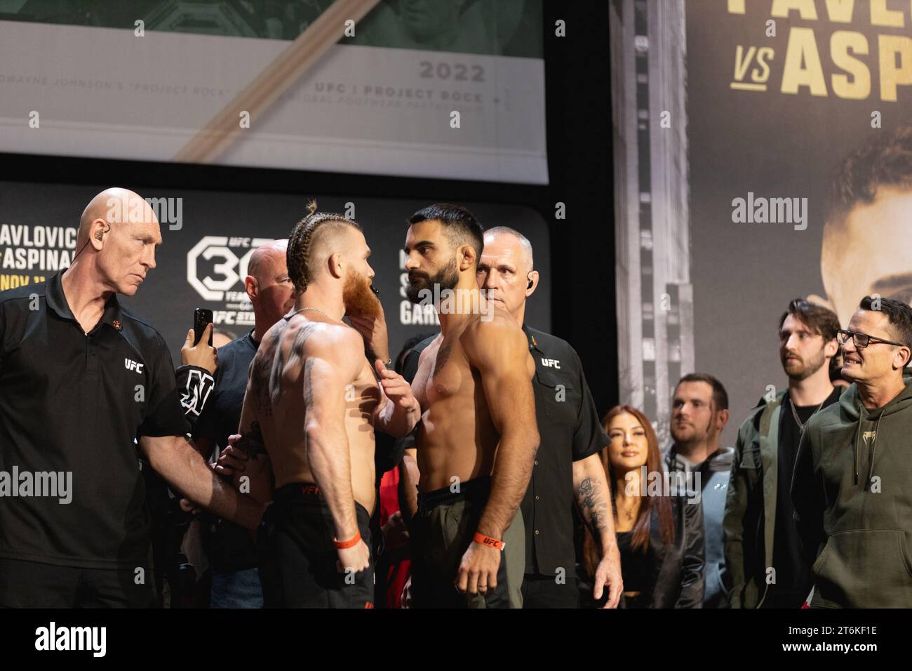 Matt Frevola and Benoit Saint Denis during the UFC 295 ceremonial weigh ...