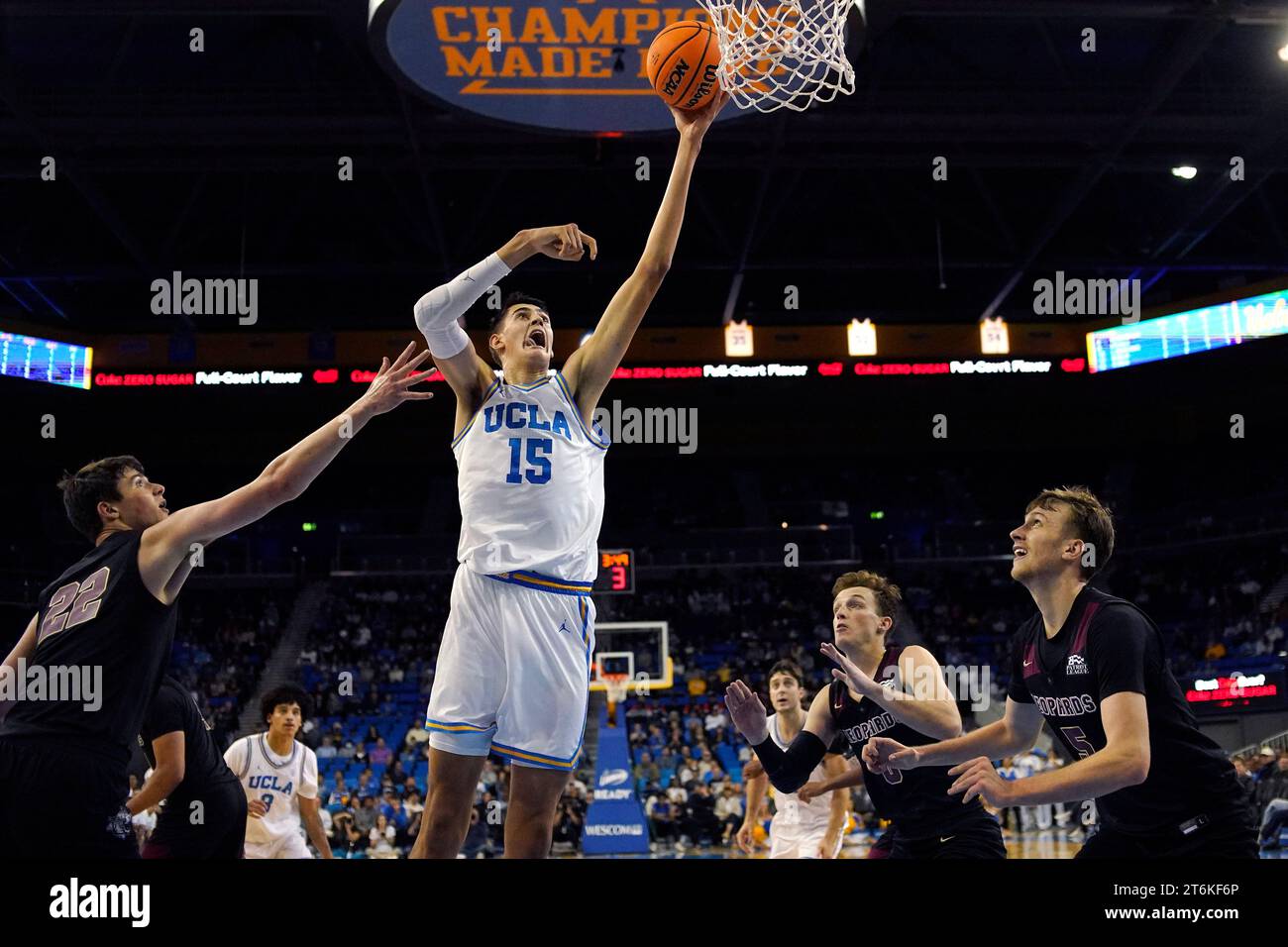UCLA center Aday Mara, second from left, shoots as Lafayette forward ...