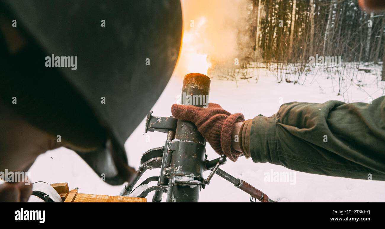 Mortar Shooting Explosions Forest. Close-up View On Re-enactors Dressed ...