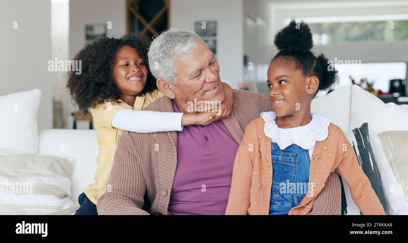 Happy, hug and grandfather on sofa with children for bonding ...
