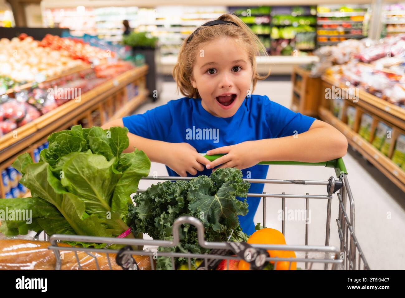 Kid with shopping cart at grocery store. Kid at vegetable supermarket ...