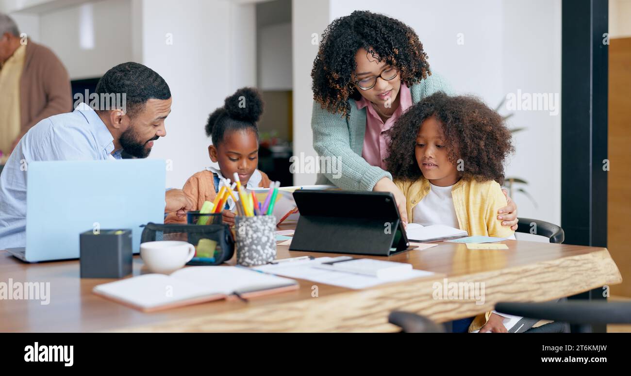 Parents, kids and e learning with tablet, laptop and support for ...