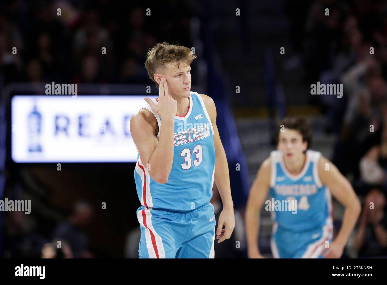 Gonzaga forward Ben Gregg (33) celebrates his basket during the first ...