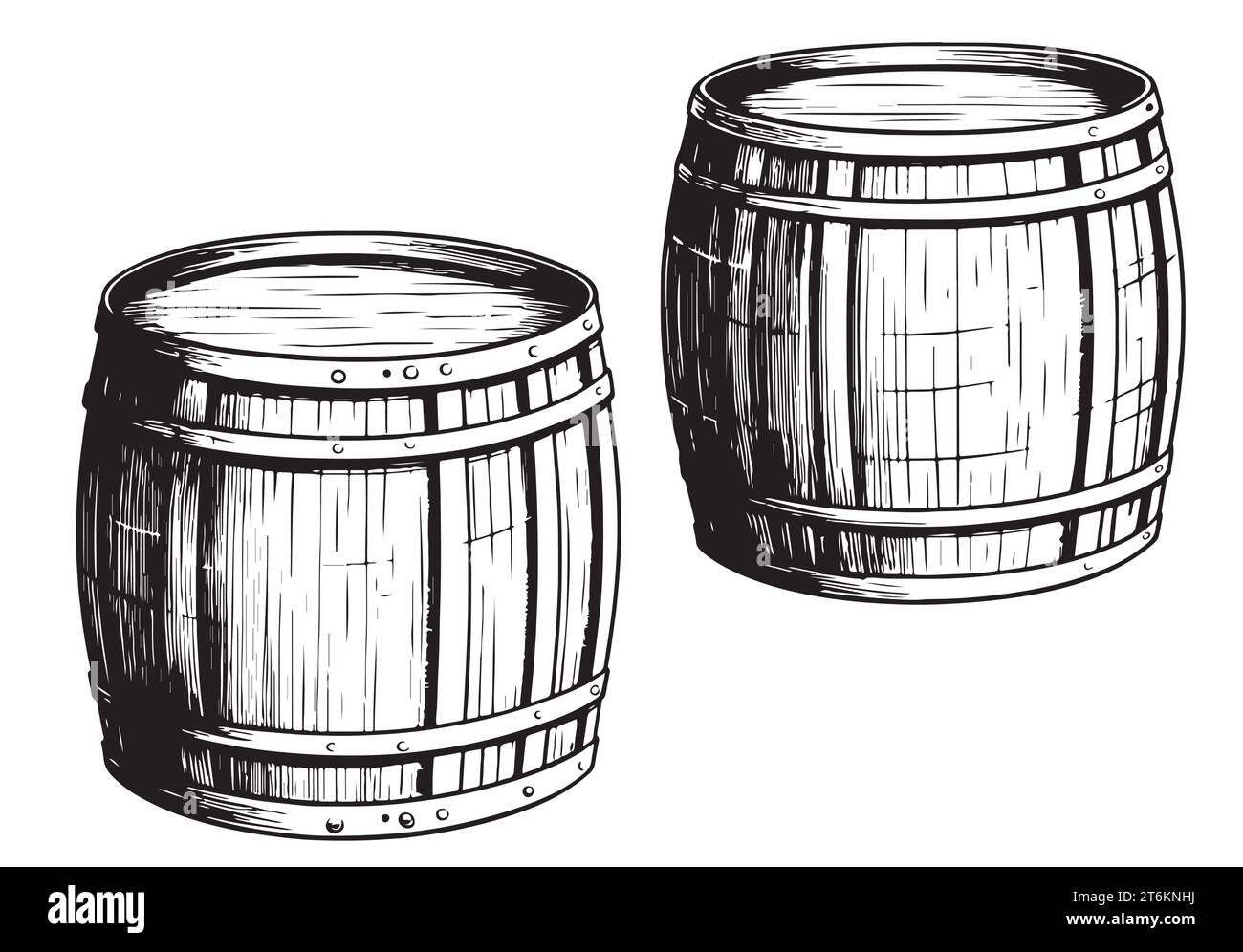 Oak wooden barrel ink illustration. Hand drawn engraving style barrel ...